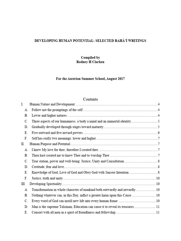Developing Human Potential Selected Bahai Writings | PDF