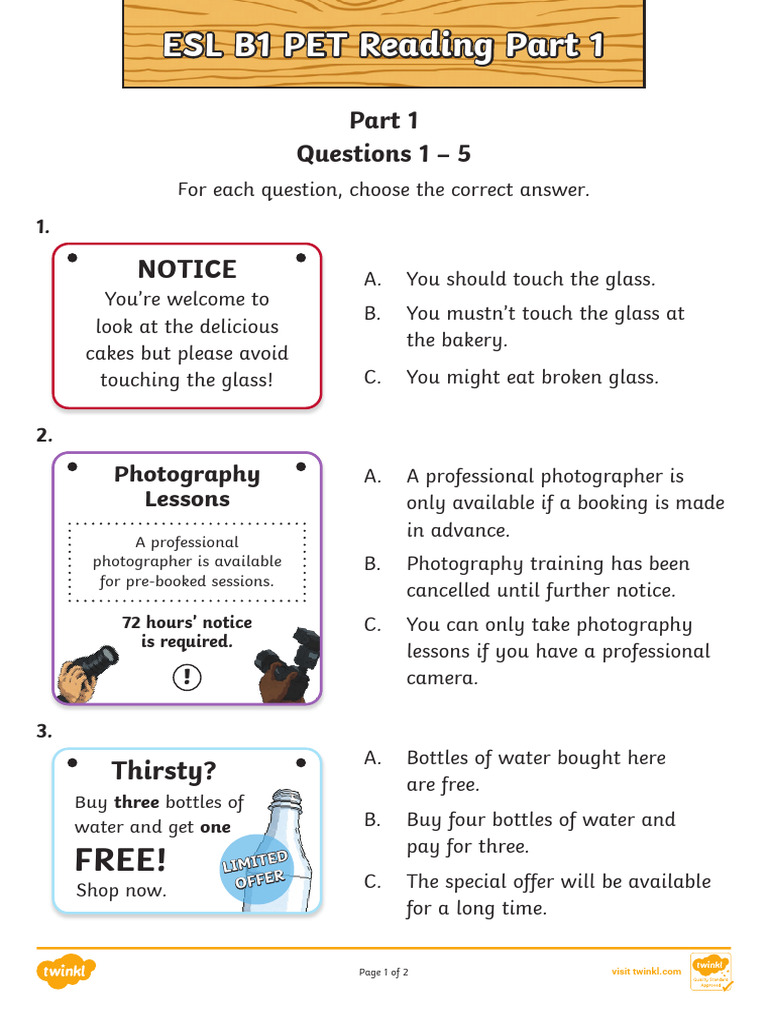 T 1683877552 Esl b1 Pet Reading Part 1 Worksheet 2 - Ver - 1 | PDF