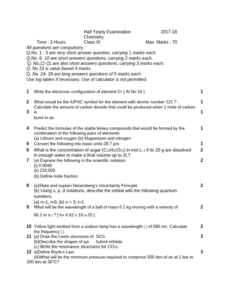 Class Xi Hy Chemistry 2107 | PDF