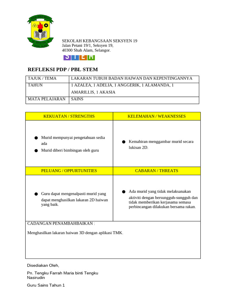 Refleksi PDP Sains PBL Stem Tahun 1 | PDF