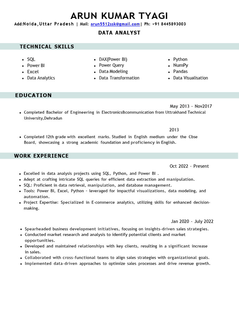 Arun Tyagi Data Analyst | PDF