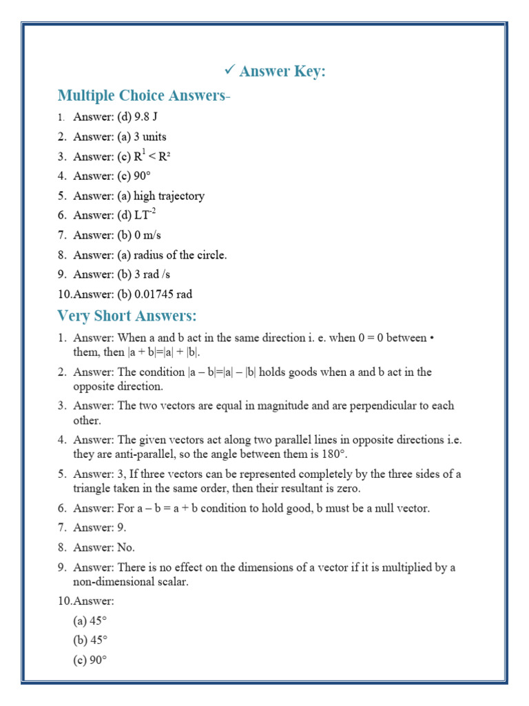 Answer Key Motion in A Plane Test Pranab | PDF