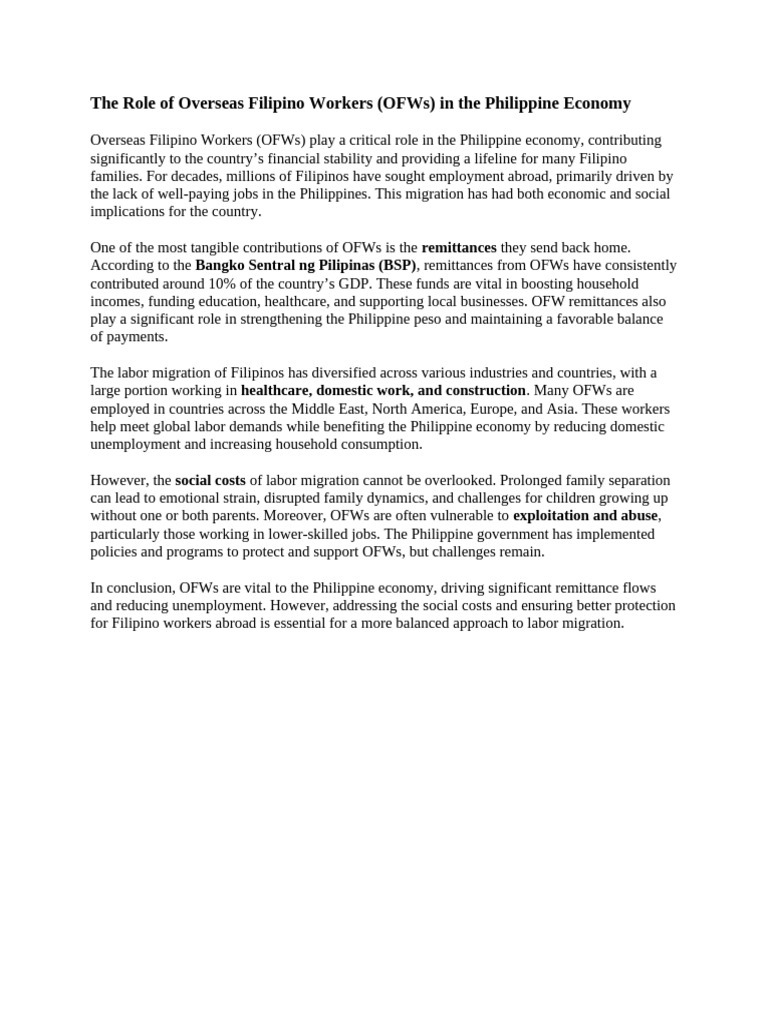 The Role of Overseas Filipino Workers | PDF