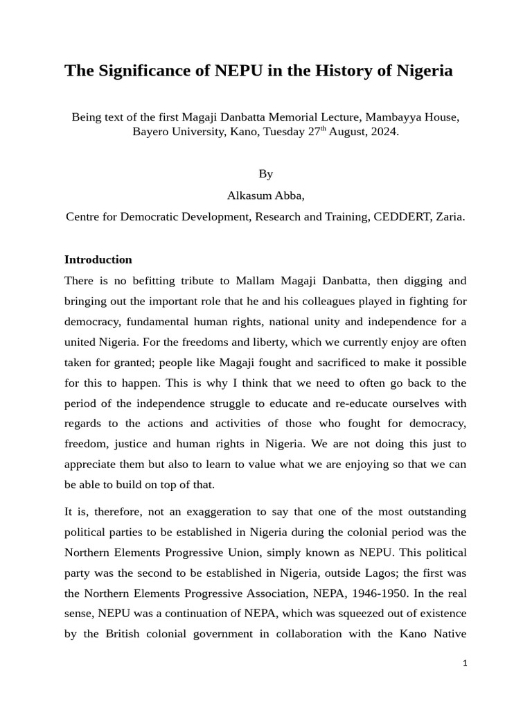 The Significance of NEPU in The History of Nigeria | PDF