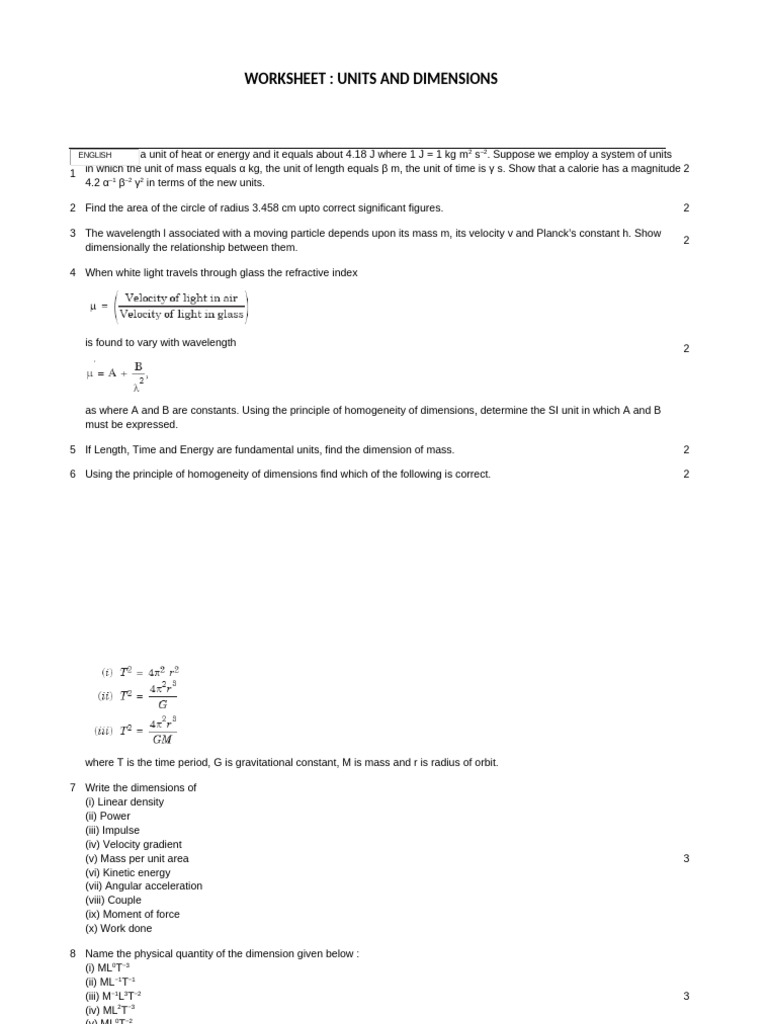 Worksheet Units and Dimensions | PDF