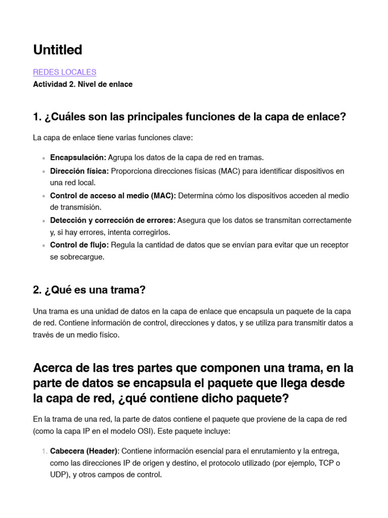 Untitled: 1. ¿Cuáles Son Las Principales Funciones de La Capa de Enlace? | PDF
