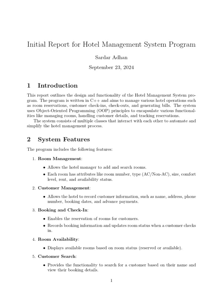 Initial Report of Hotel Managment System | PDF | Computer Program ...