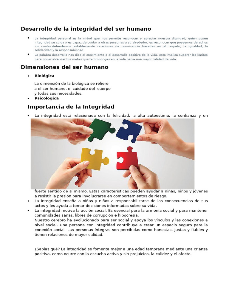 Desarrollo de La Integridad Del Ser Humano | PDF