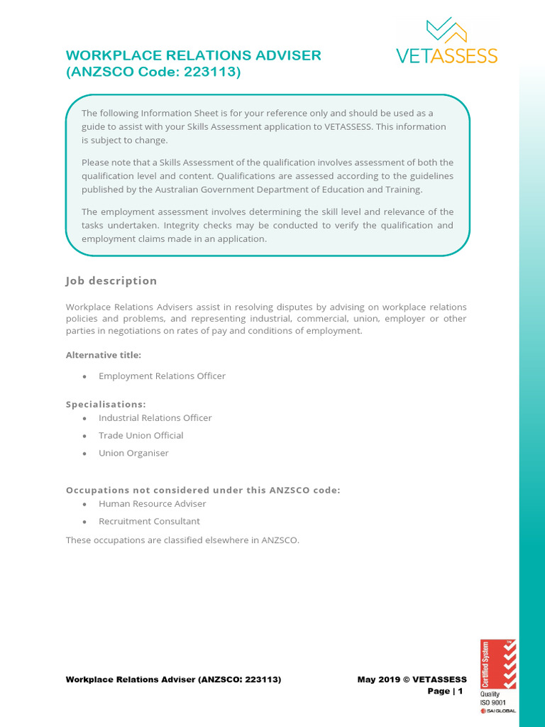 Workplace Relations Adviser | PDF