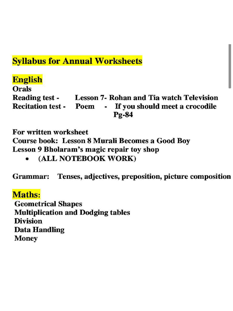 Syllabus For Annual Worksheets | PDF