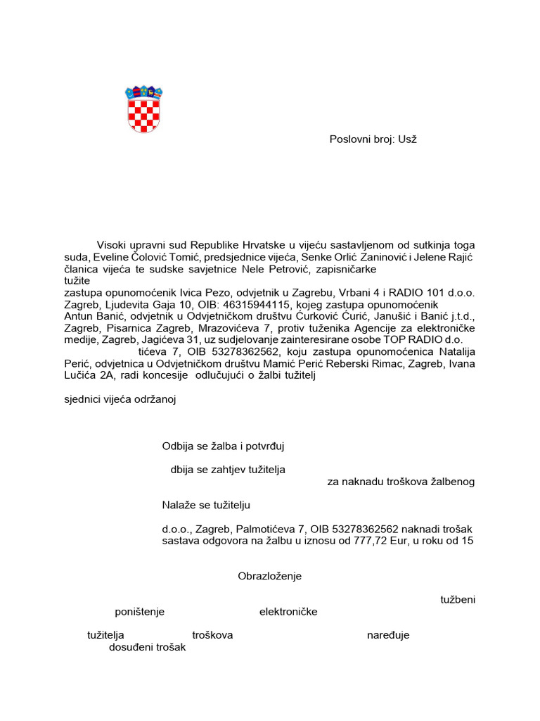 Republika Hrvatska Visoki Upravni Sud Republike Hrvatske Zagreb Frankopanska 16 | PDF