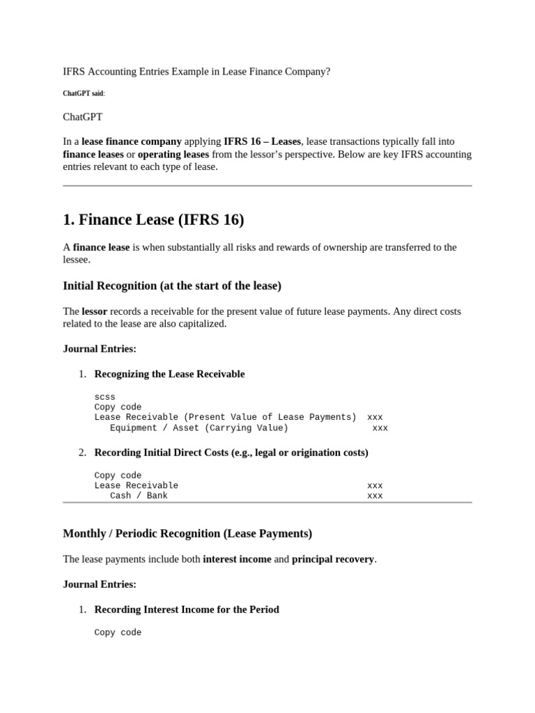 IFRS Accounting Entries Example in Lease Finance Company | PDF | Income ...