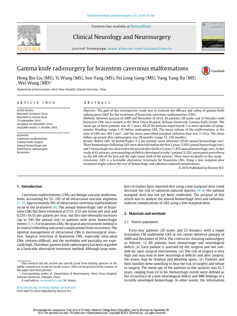 Gamma Knife Radiosurgery for Brainstem Cavernous Malformations | PDF