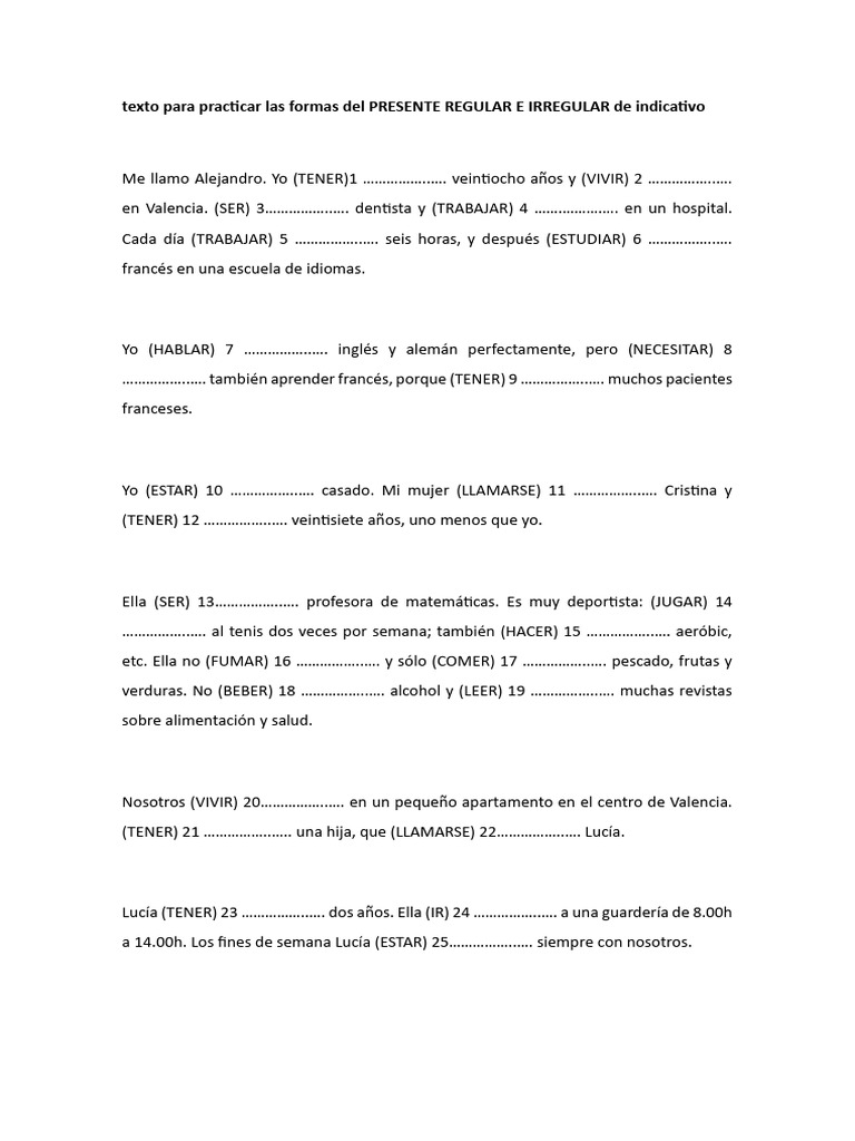 Deberes PRESENTE REGULAR E IRREGULAR de Indicativo | PDF