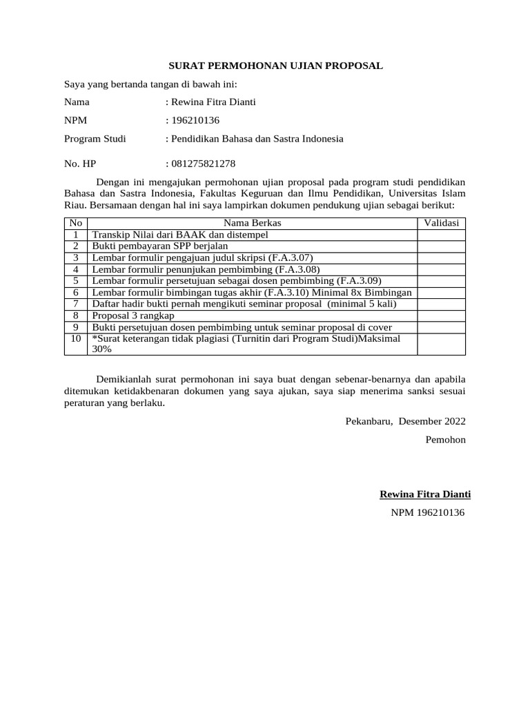 Surat Permohonan Ujian Proposal | PDF