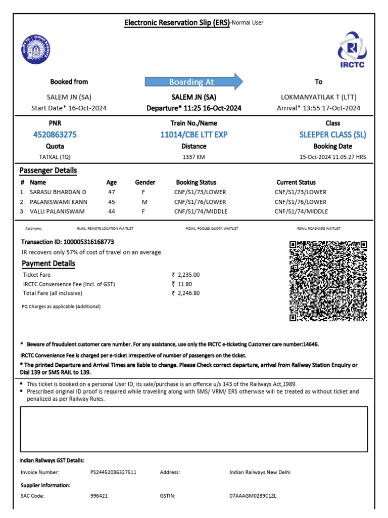 11014/CBE LTT EXP Sleeper Class (SL) | PDF