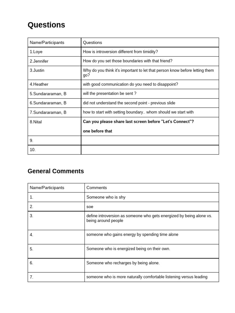 Questions and Comments | PDF