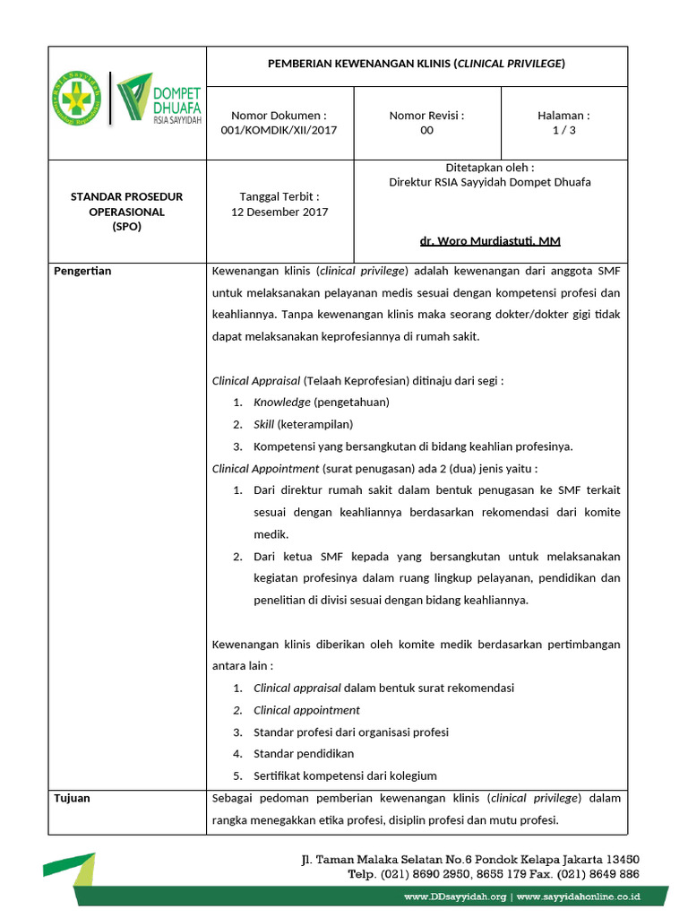 1 Spo Pemberian Kewenangan Klinis (Clinical Privilege) | PDF