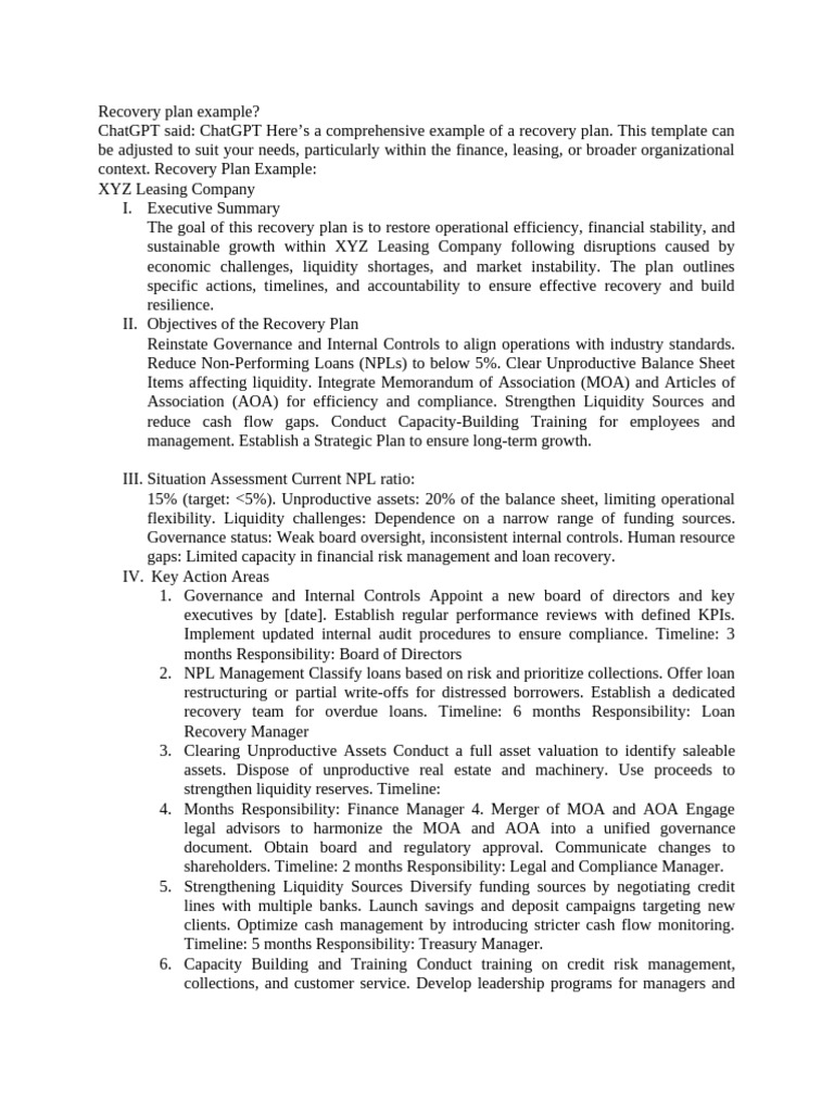 Recovery Plan Example | PDF
