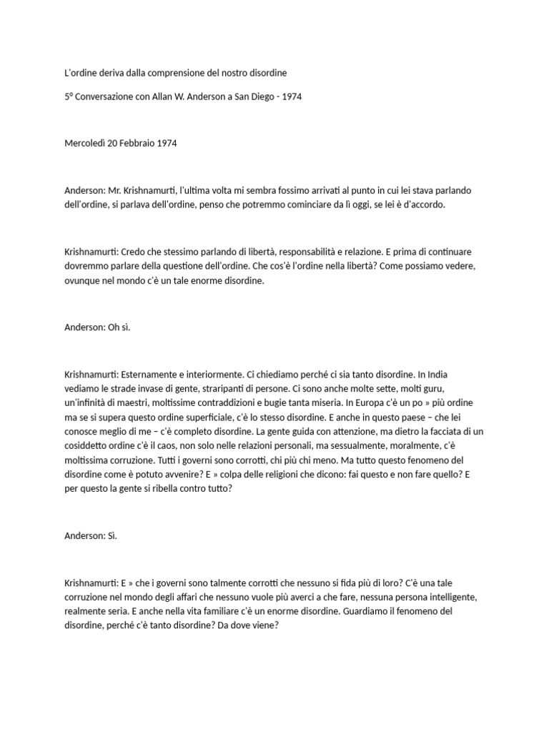 Krisnamurti L'ordine Deriva Dall Comprensionedel Nostro Disordine | PDF
