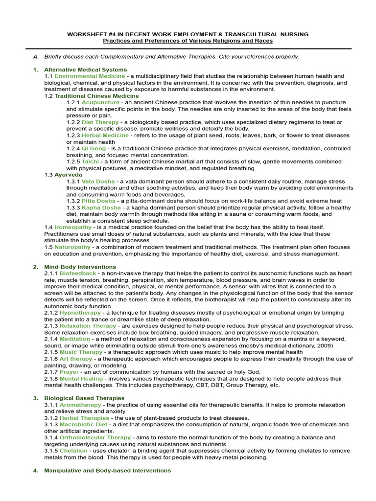 Transcultural Nursing Worksheet 4 | PDF | Ayurveda | Self-Improvement