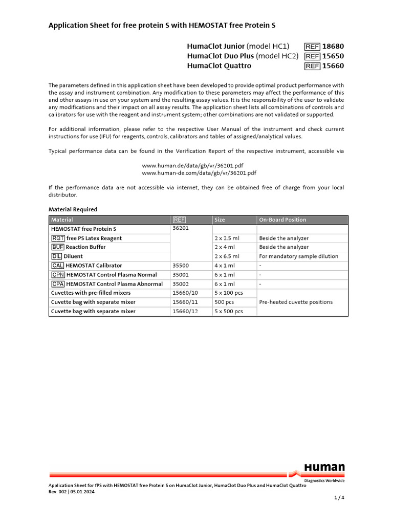 Human Application Sheet For Free Protein S | PDF