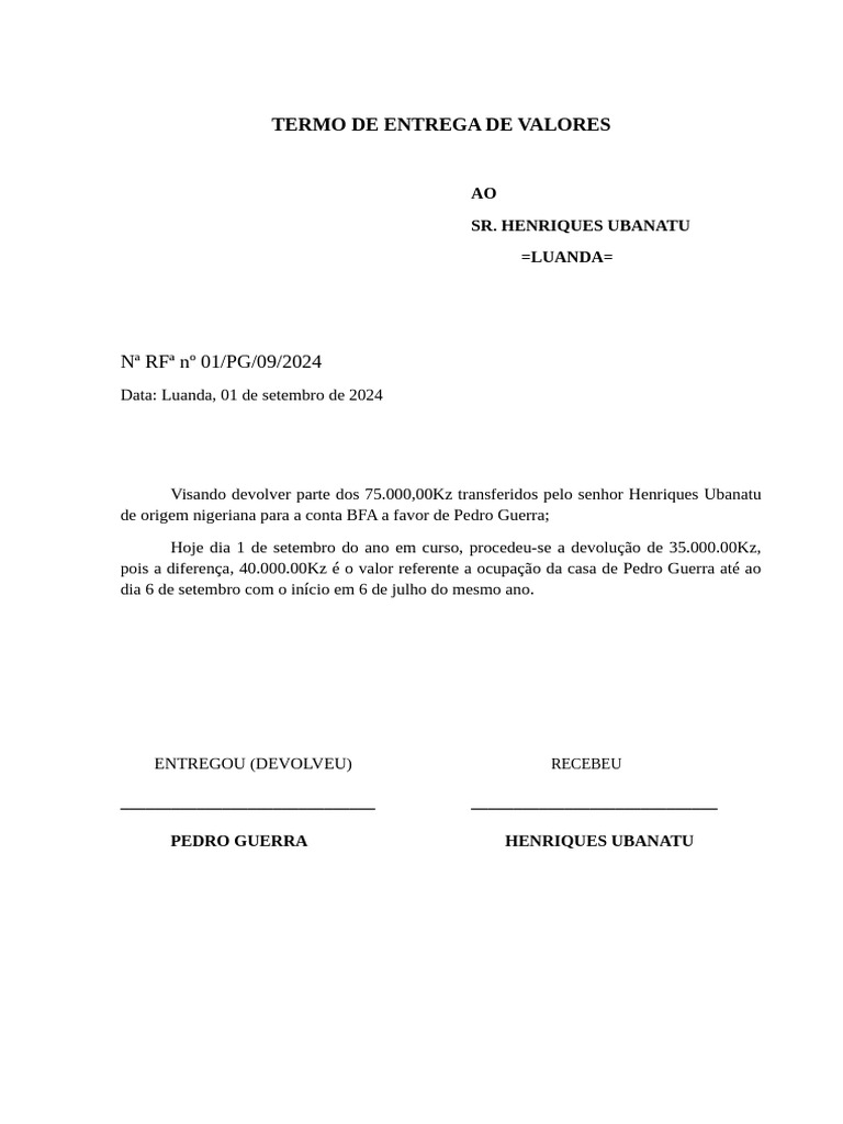 Termo de Entrega de Valores | PDF