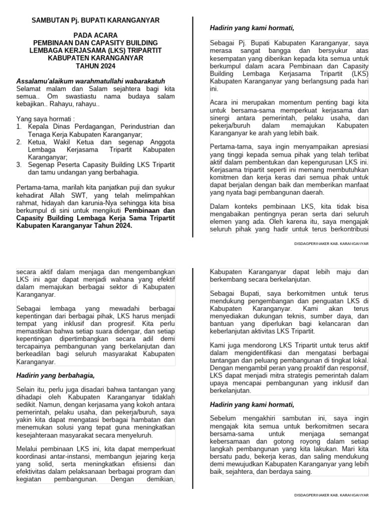 Sambutan Bupati LKS Tripartit 2024 | PDF