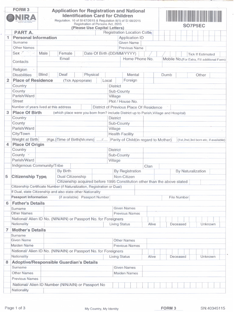 CHILD REGISTRATION FORM 3 Nira Application For Registration and ...