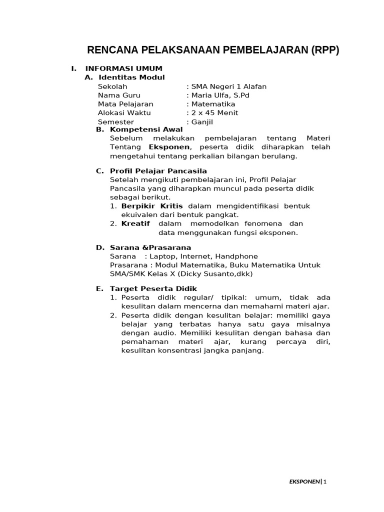 RPP Dan Modul Ajar Maria Ulfa, S.PD | PDF