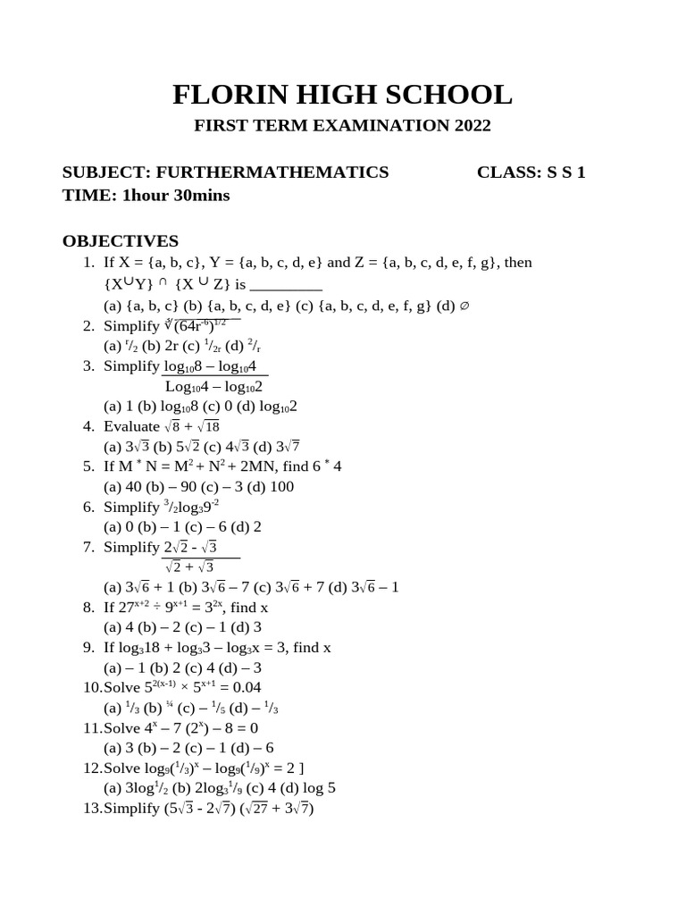 Florin High School SS 1 Furthermaths | PDF