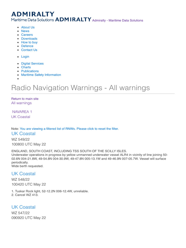 Radio Navigation Warnings - All Warnings - Low Bandwidth - ADMIRALTY | PDF