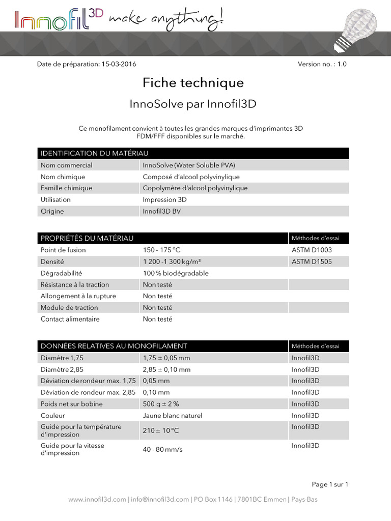 Innofil3D InnoSolve TDS French Fiche Technique | PDF