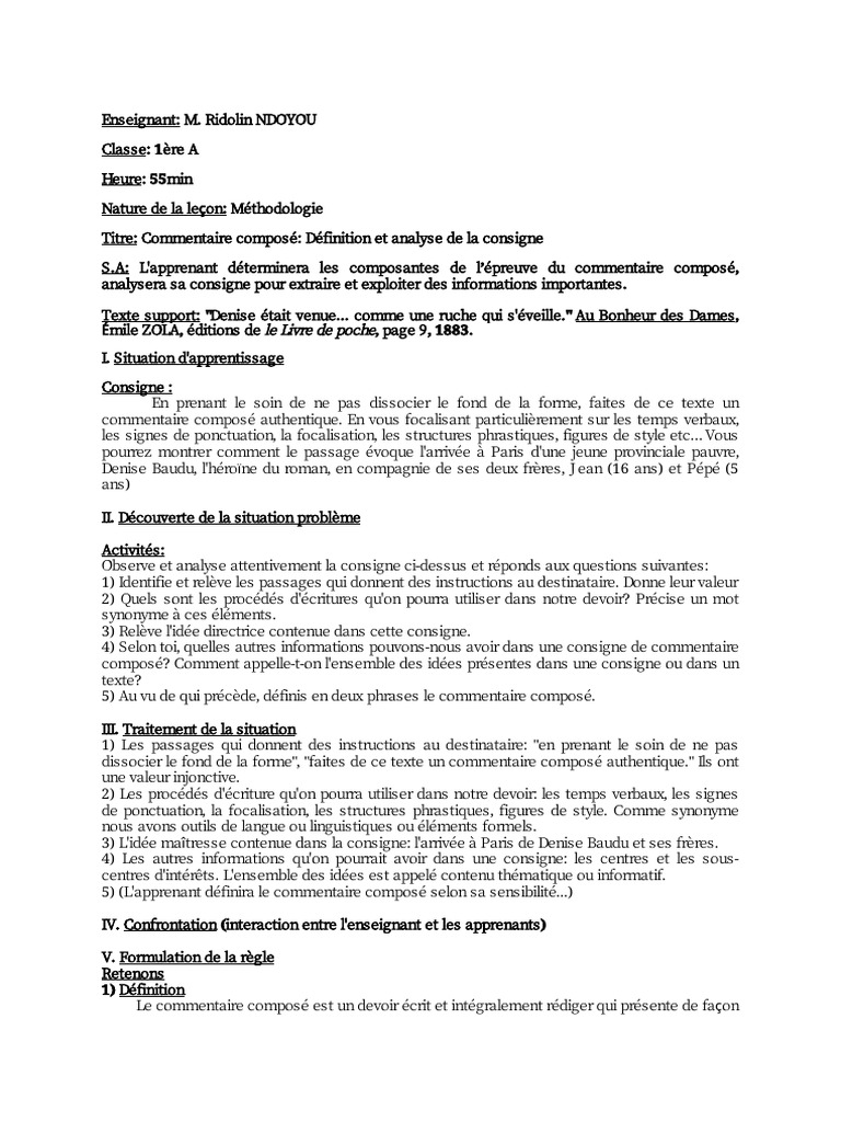 Méthodologie - Commentaire Composé 1ère A4 | PDF