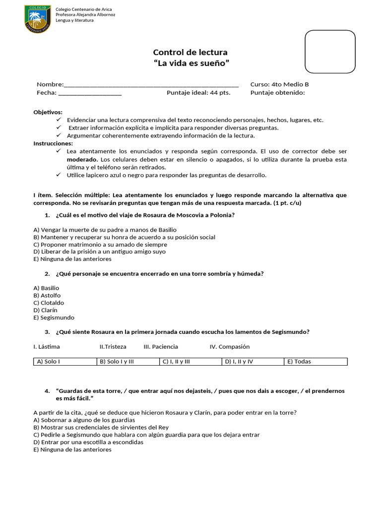 La Vida Es Sueño Prueba | PDF