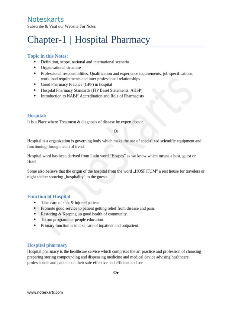 Chapter 1 Hospital Pharmacy Notes Complete Notes by Noteskarts Acc To ...