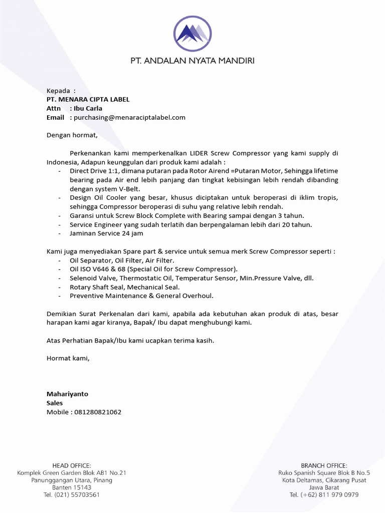 Surat Perkenalan Produk (Pt. Menara Cipta Label) | PDF