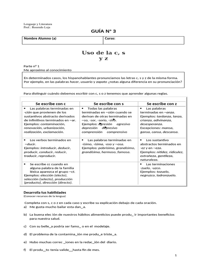 Uso de La C, S Yz: Guía #3 | PDF