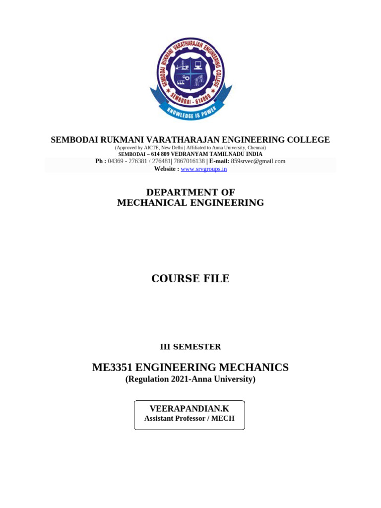 Me3351 Engineering Mechanics Course File 2023 | PDF
