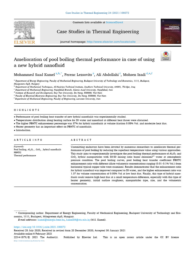 Case Studies in Thermal Engineering: Mohammed Saad Kamel, Ferenc Lezsovits, Ali Abdollahi ...