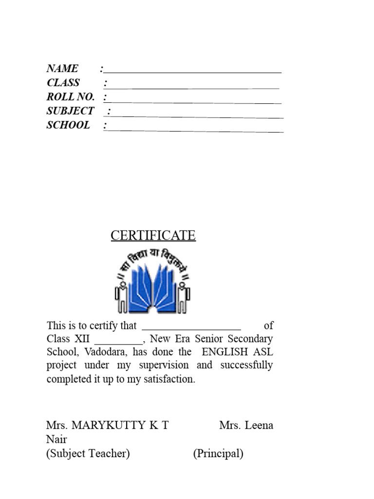 Certificate: Name: Class: Roll No.: Subject: School | PDF