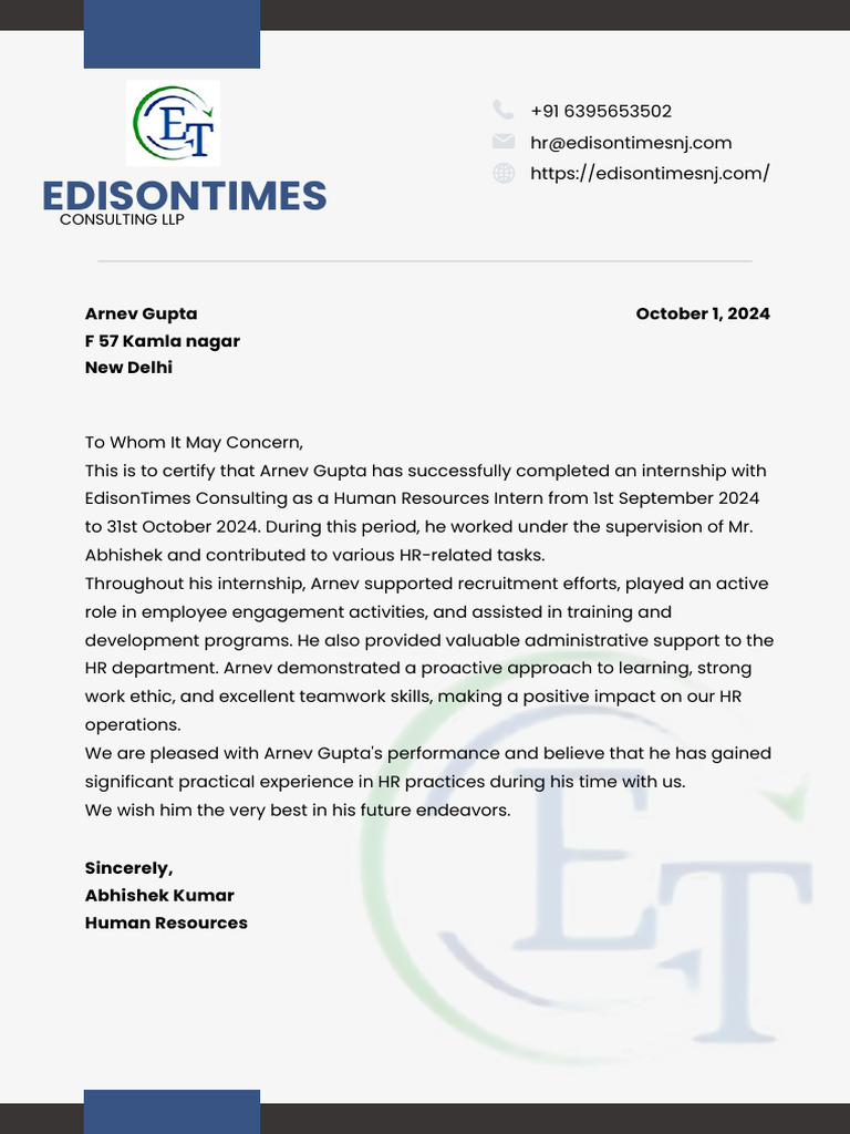 Arnev Gupta - HR Intern - Experience Letter | PDF