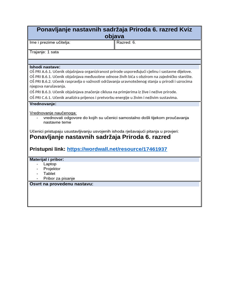 Ponavljanje Nastavnih Sadržaja Priroda 6 Razred OŠ | PDF