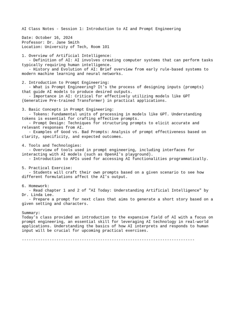 AI Class Notes Session 1 Introduction To AI and Prompt Engineering ...