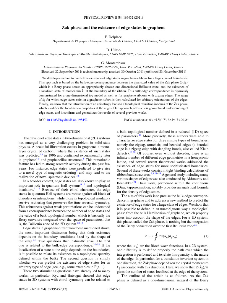Zak Phase Andthe Existence of Edge States in Graphene | PDF