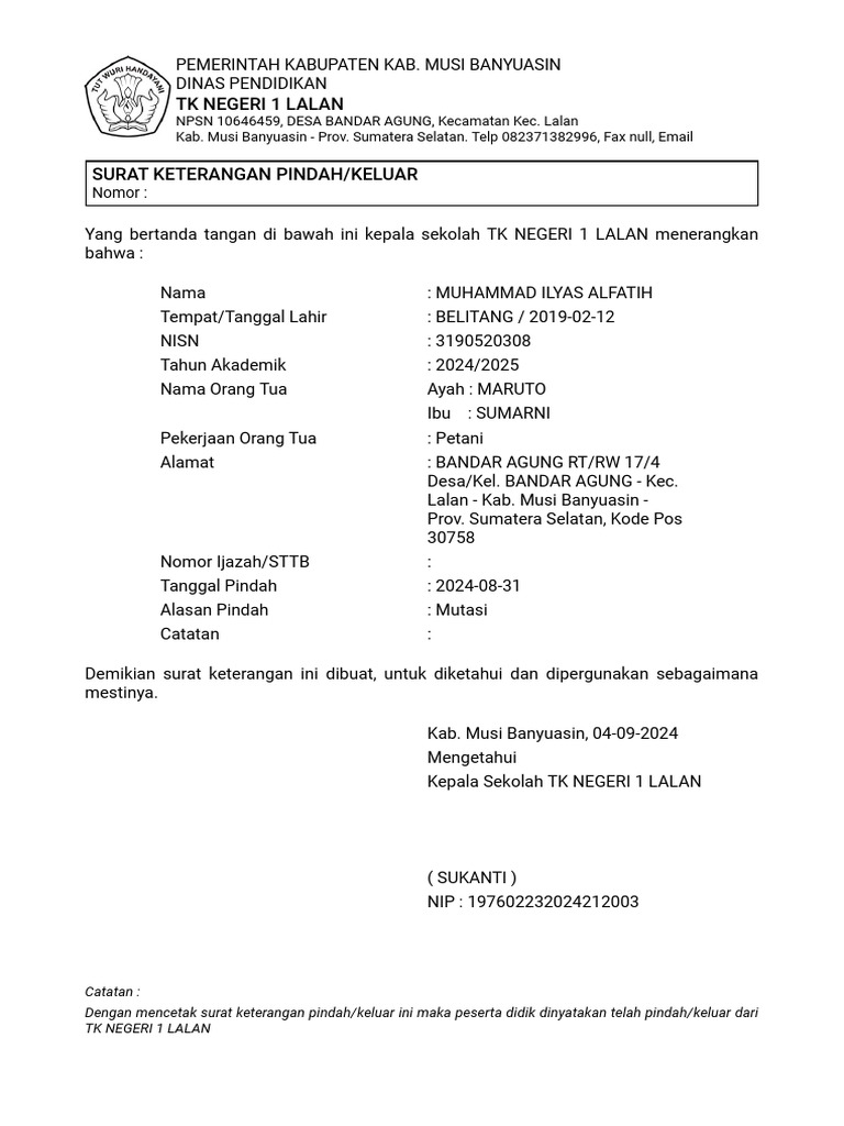 Surat Mutasi Ilyas | PDF