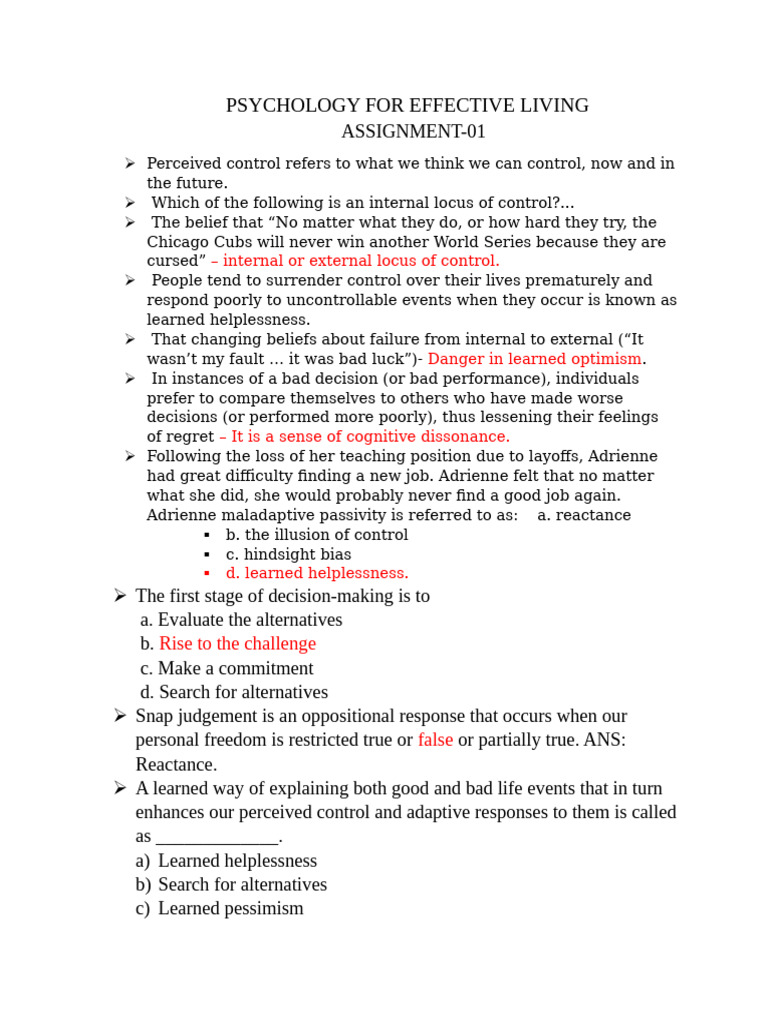 Psychology For Effective Living Assignment | PDF
