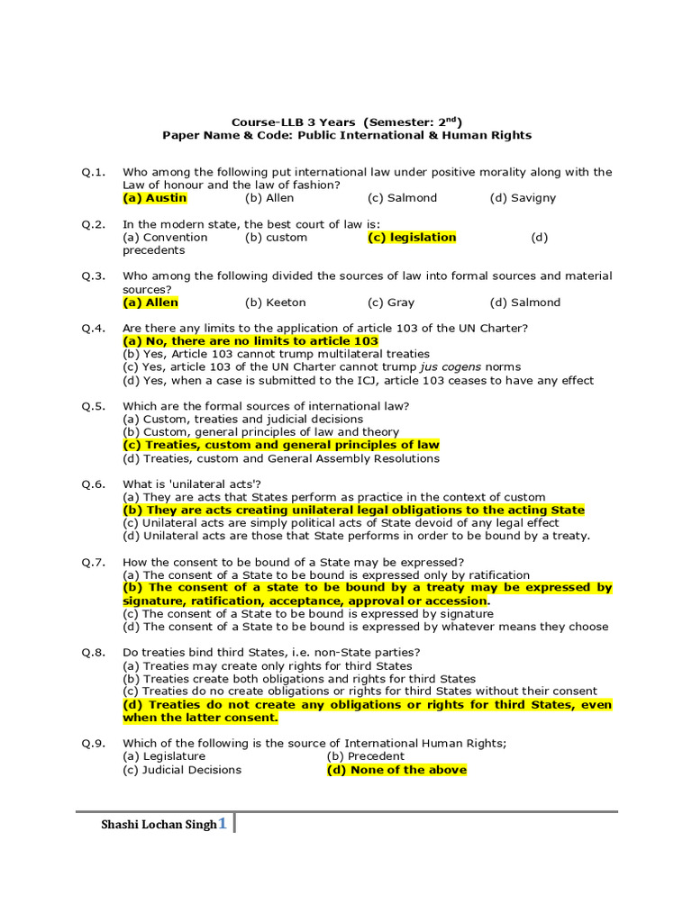 International Law and Human Rights Quiz | PDF | International Law | Law