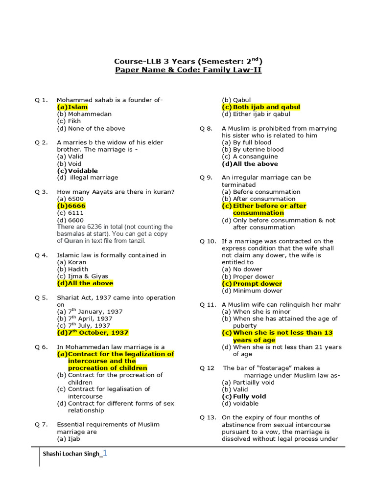 Family Law II: Key Concepts and Questions | PDF | Marriage | Abrahamic ...