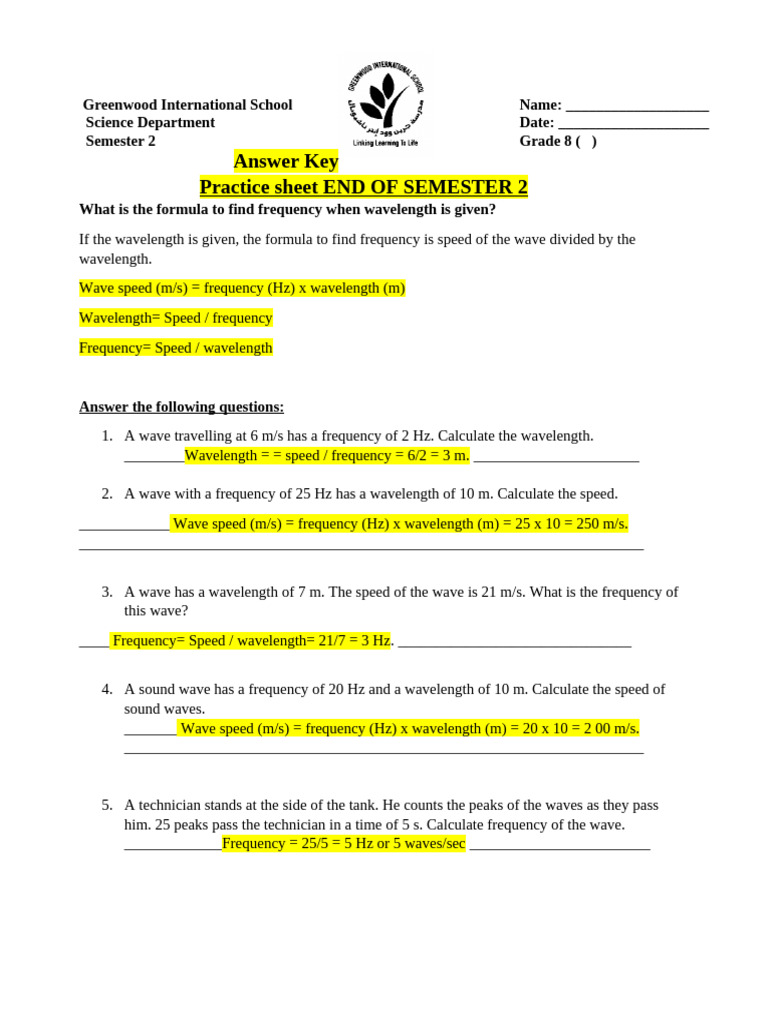 Answer Key Practice Sheet END OF SEMESTER 2 | PDF | Waves | Teaching ...